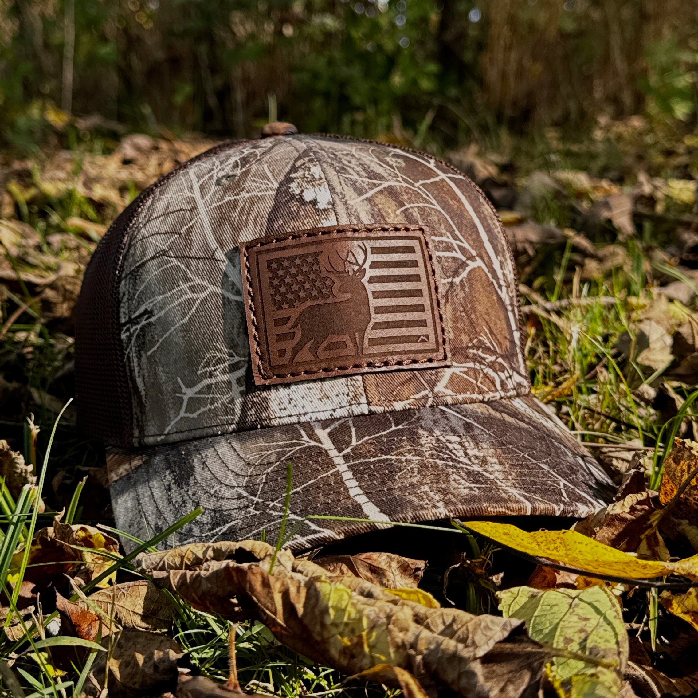 American Flag Buck Hunting Leather Patch Trucker Hat – State Outdoor ...